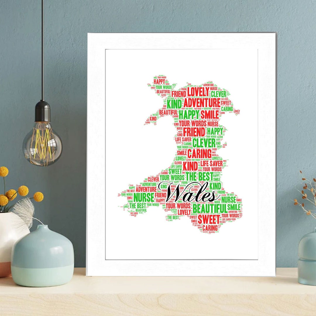 Personalized Name Wales Map Word Art Print, Wales Map Word Cloud, Birthday Gift, Father's Day ...