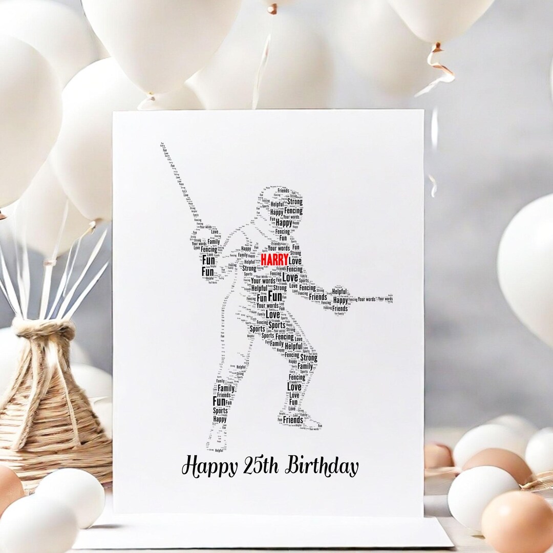 Personalized Fencing Word Art Birthday Number Card, Male Fencing Player ...