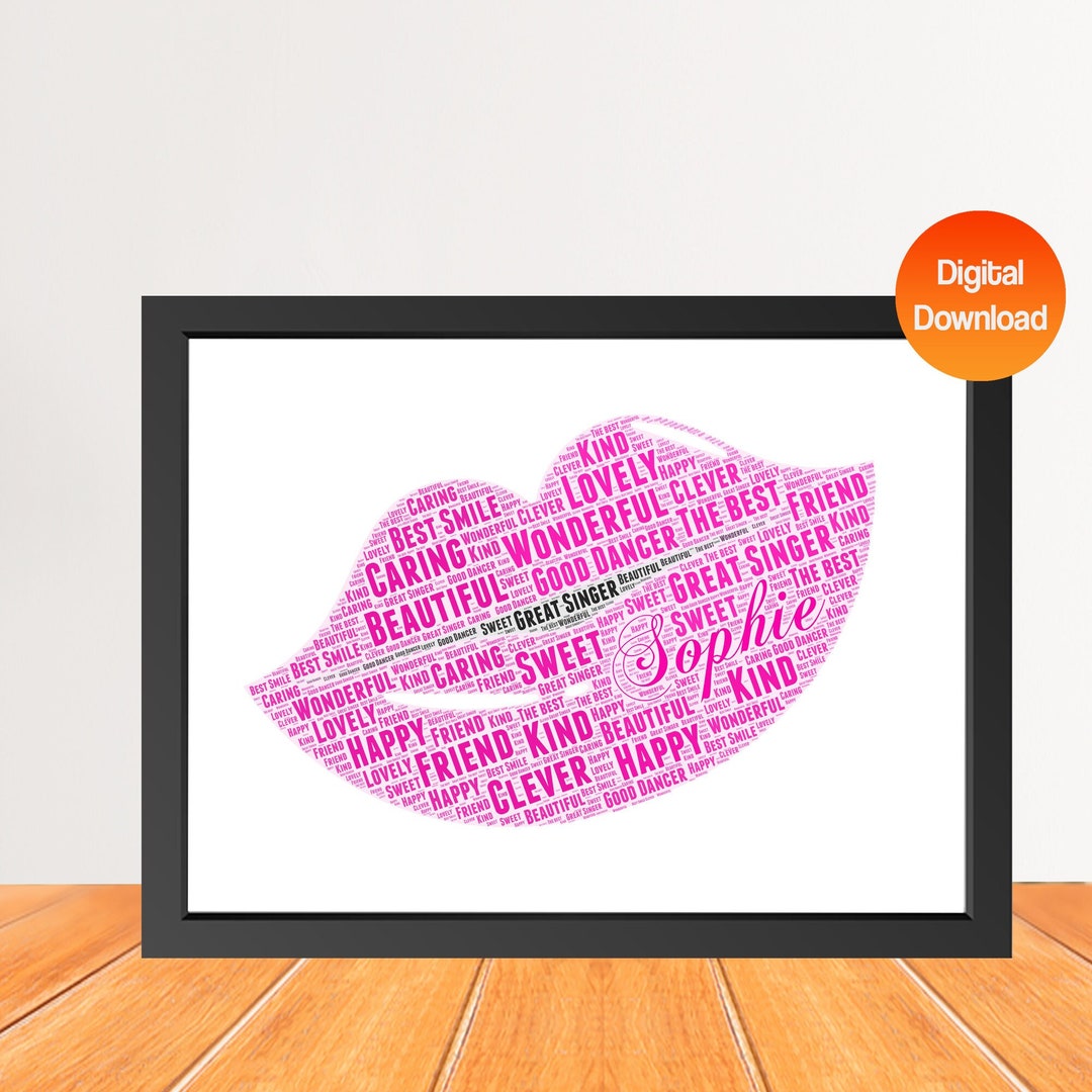 Personalized Women Lips Word Art Print, Lipstick Kiss Wall Art, Custom ...