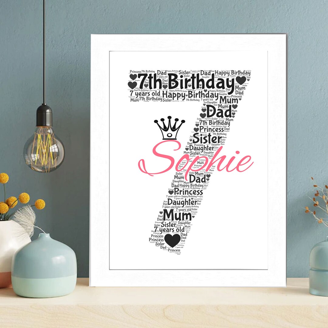 Personalised 7th Birthday Print, Custom Word Birthday Number Word Art ...
