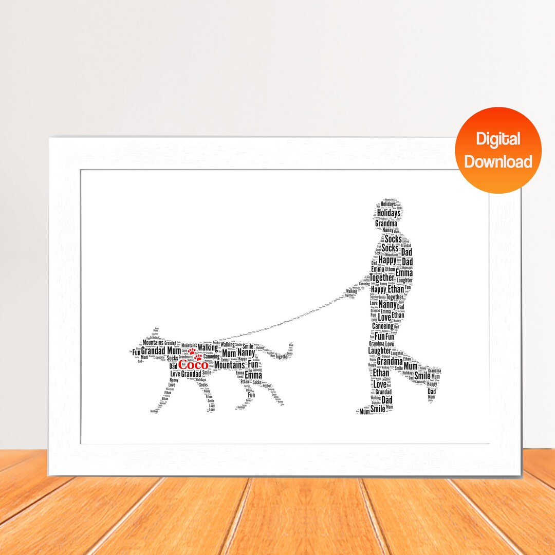 Personalised Male Dog Walker Word Art Print, Dog Walking Wall Art Print ...