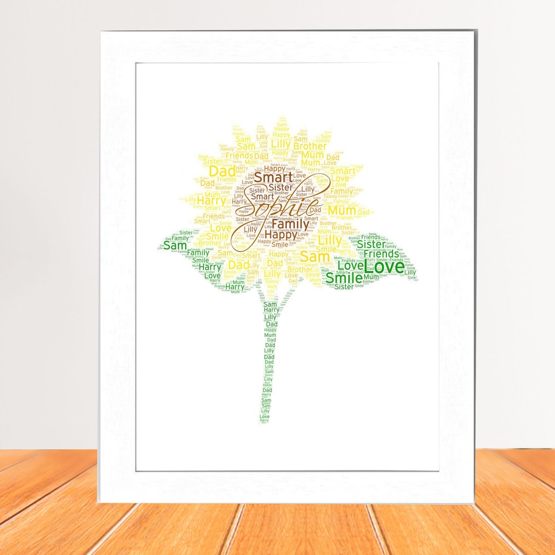 Personalised Sunflower Word Art Print Flower Print Birthday - Etsy