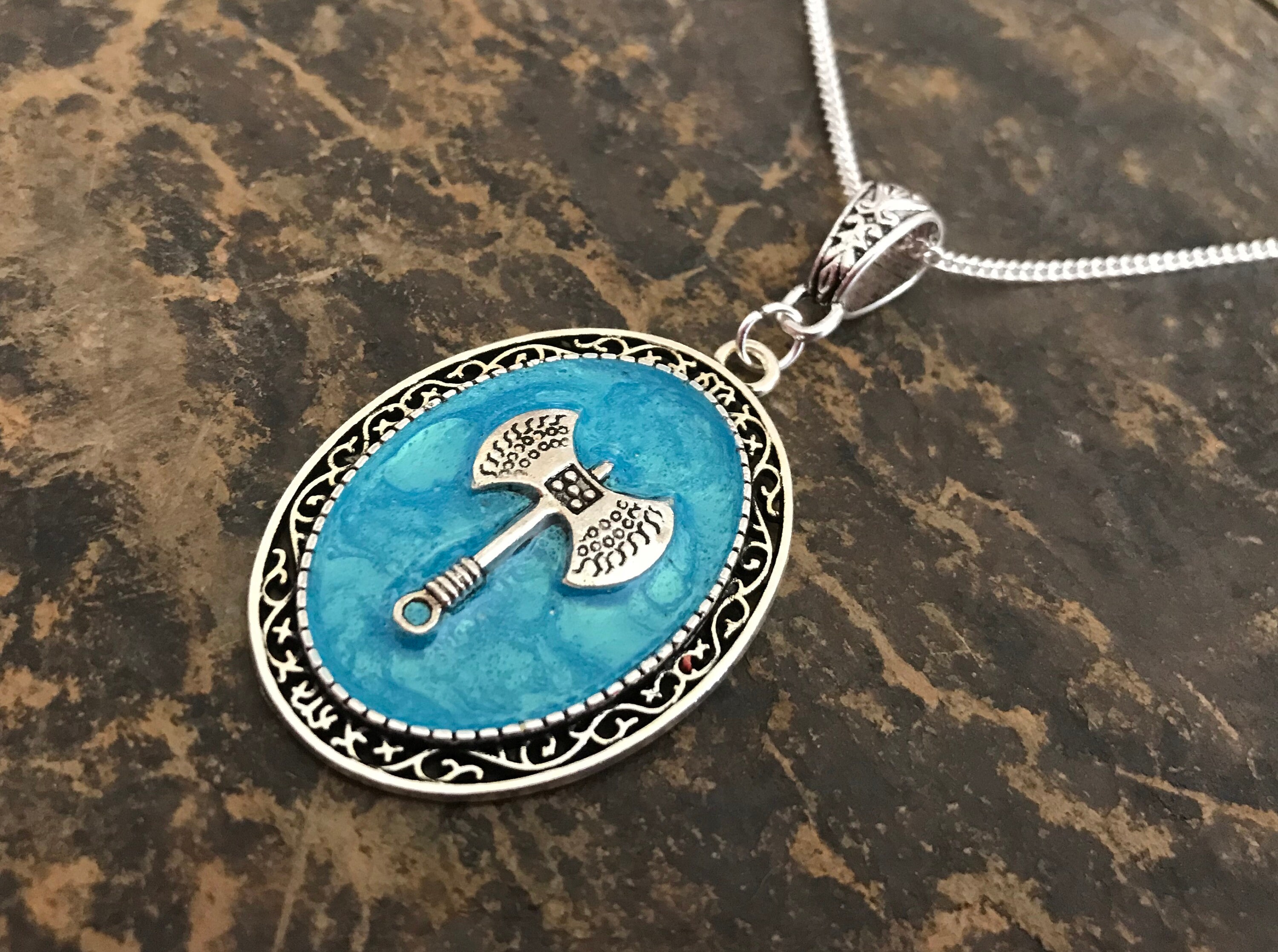 Double Axe Labrys Oval Pearl Aqua Blue Pendant on a 18 .925 Curb Style ...