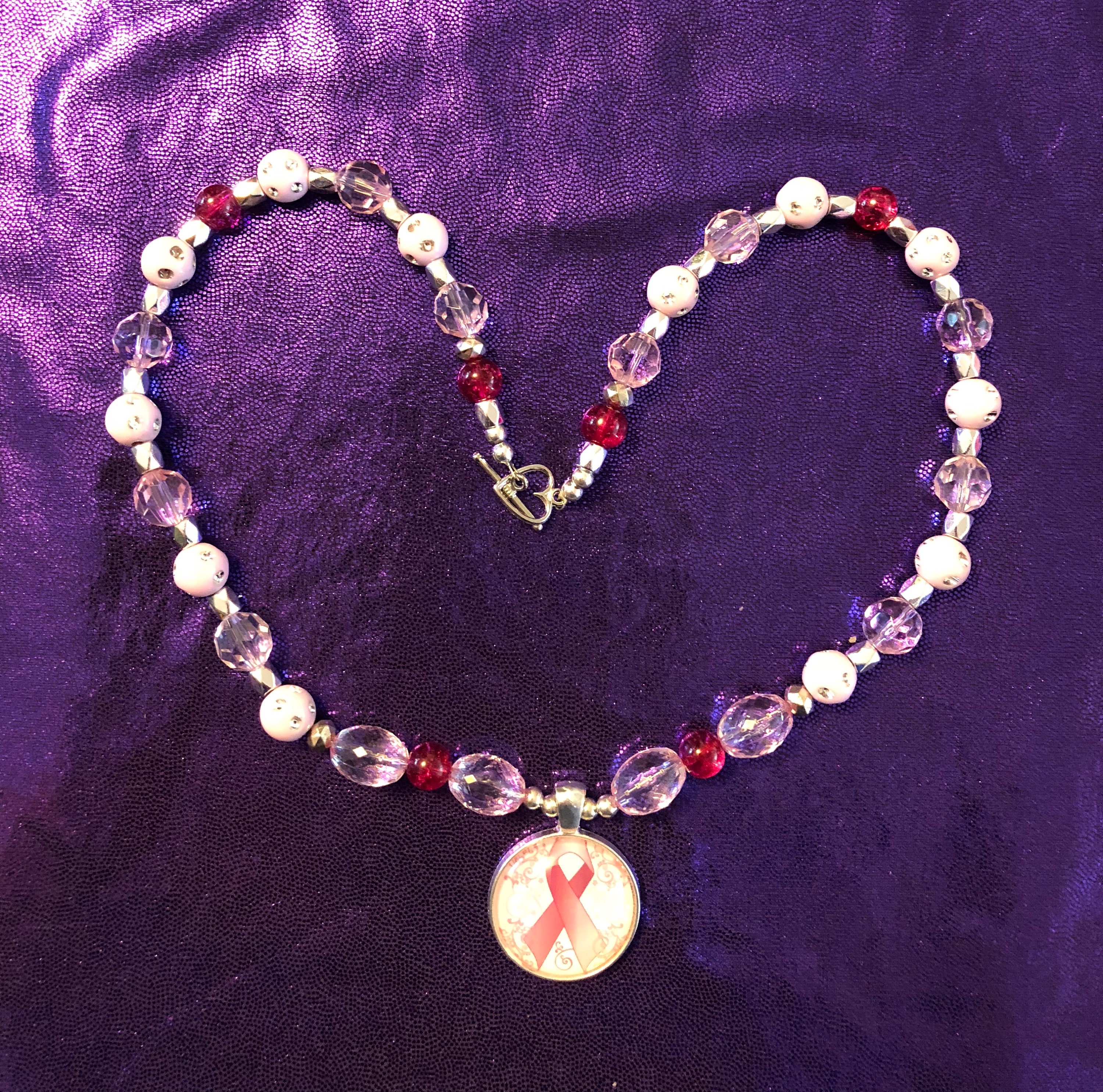 Beaded Breast Cancer Awareness Pink & Silver Necklace With Ribbon Drop ...