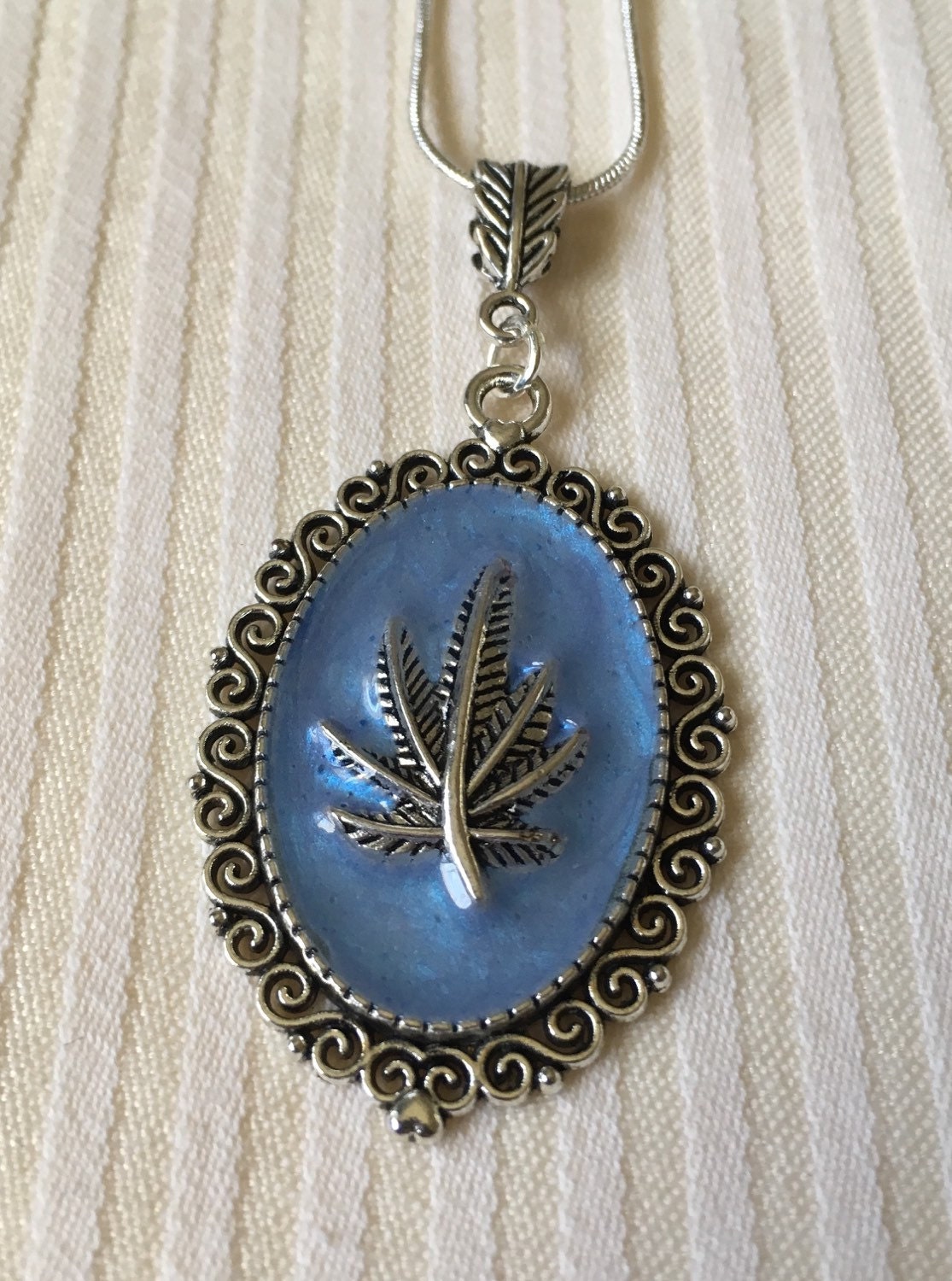 Marijuana Pot Leaf Oval Enameled Pearl Blue Pendant on .925 Sterling ...
