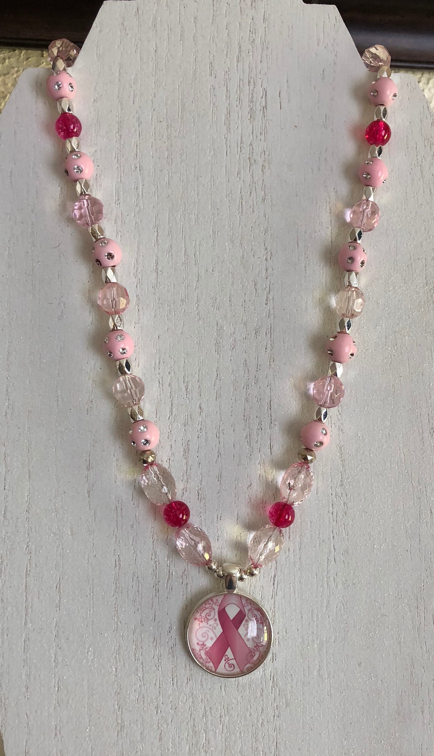 Beaded Breast Cancer Awareness Pink & Silver Necklace With Ribbon Drop ...