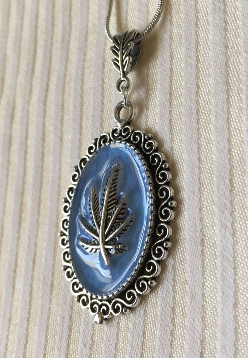 Marijuana Pot Leaf Oval Enameled Pearl Blue Pendant on .925 Sterling ...