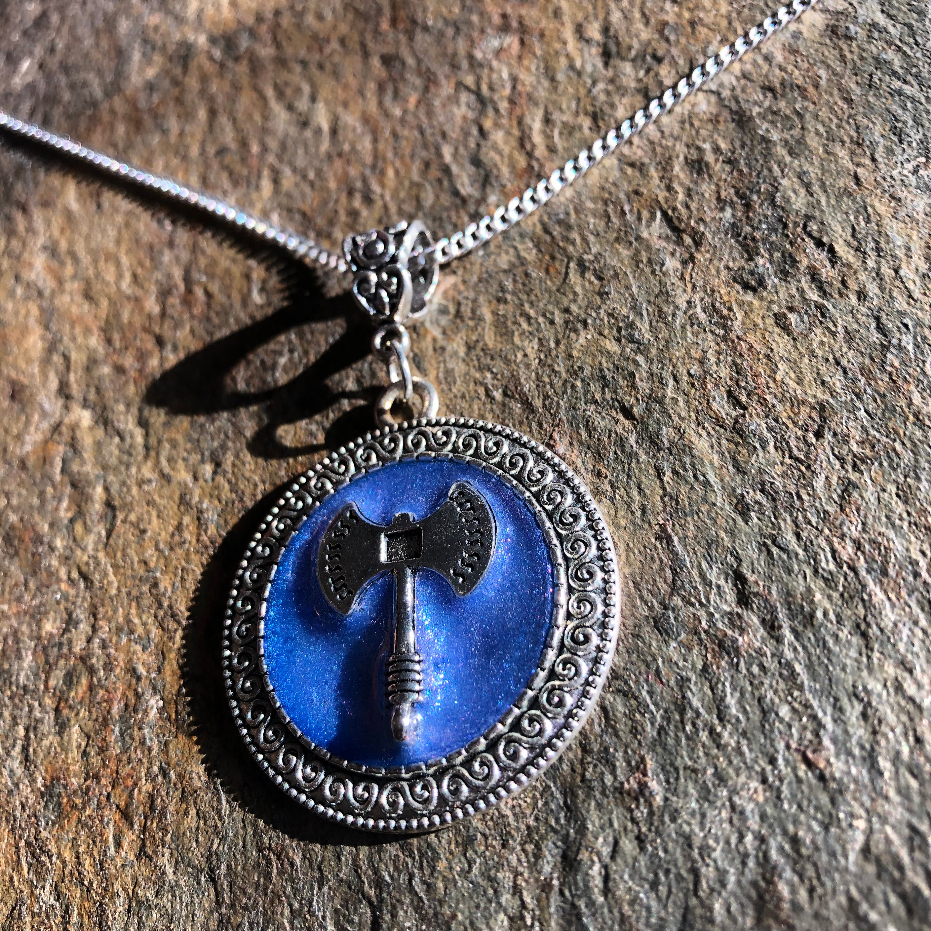 Double Axe Labrys Round Enameled Metallic Blue Marbled Pendant On 20 ...