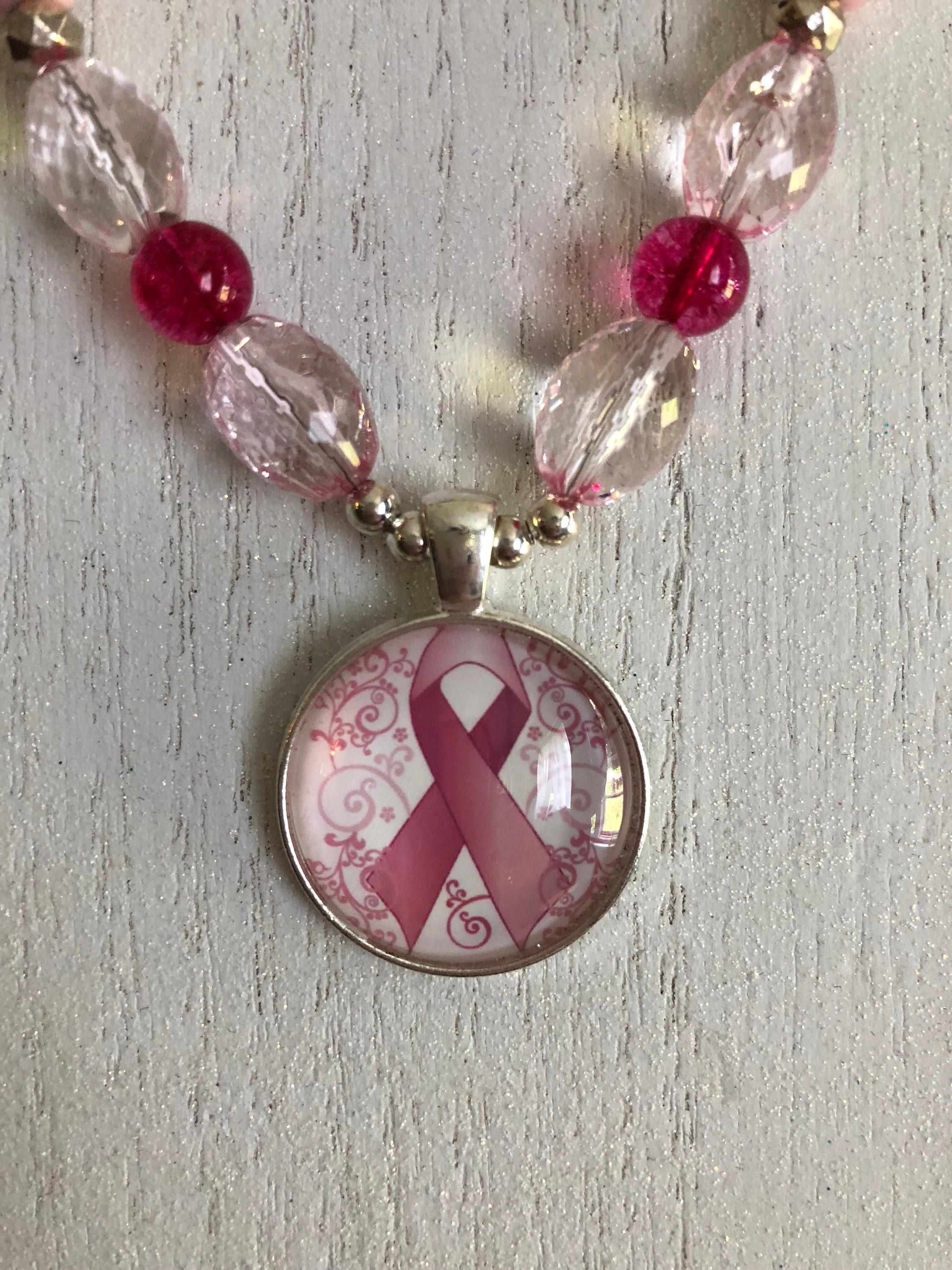Beaded Breast Cancer Awareness Pink & Silver Necklace With Ribbon Drop ...
