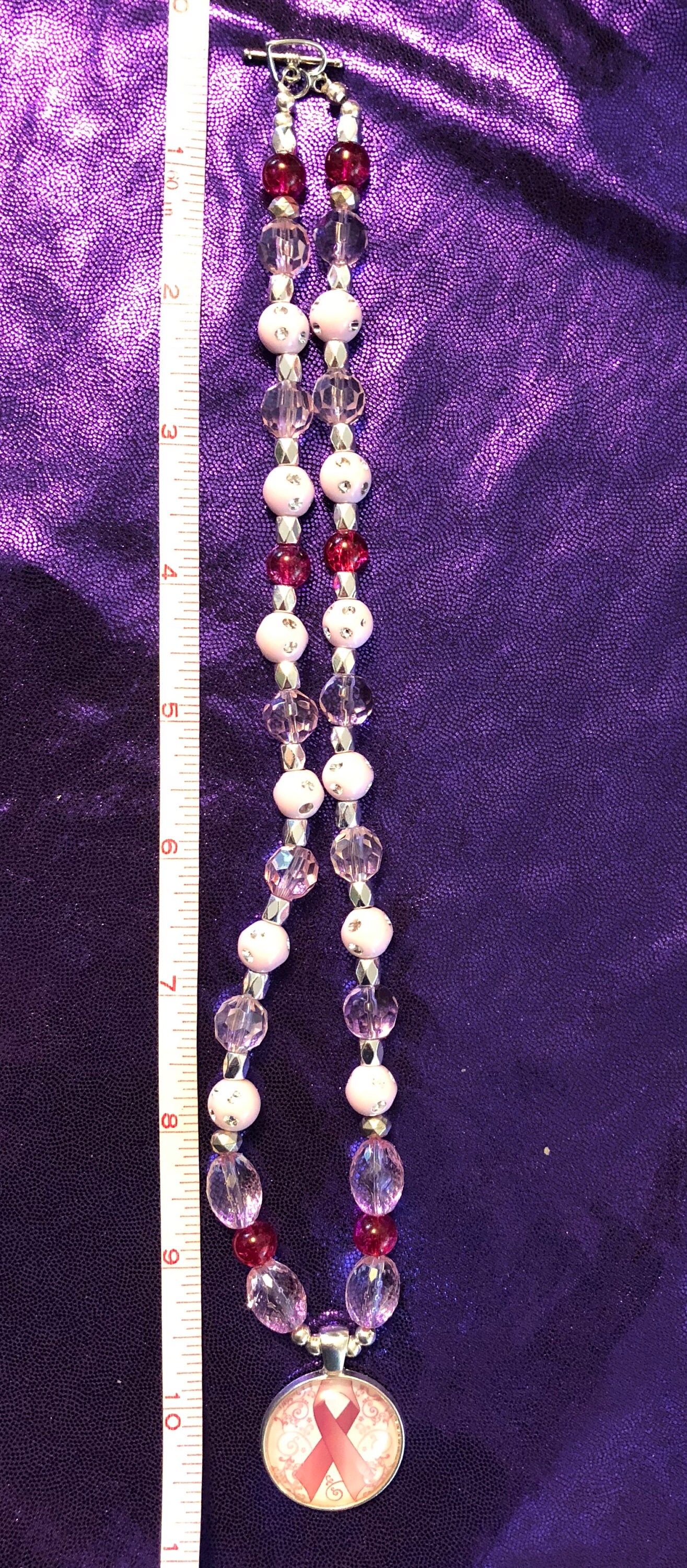Beaded Breast Cancer Awareness Pink & Silver Necklace With Ribbon Drop ...