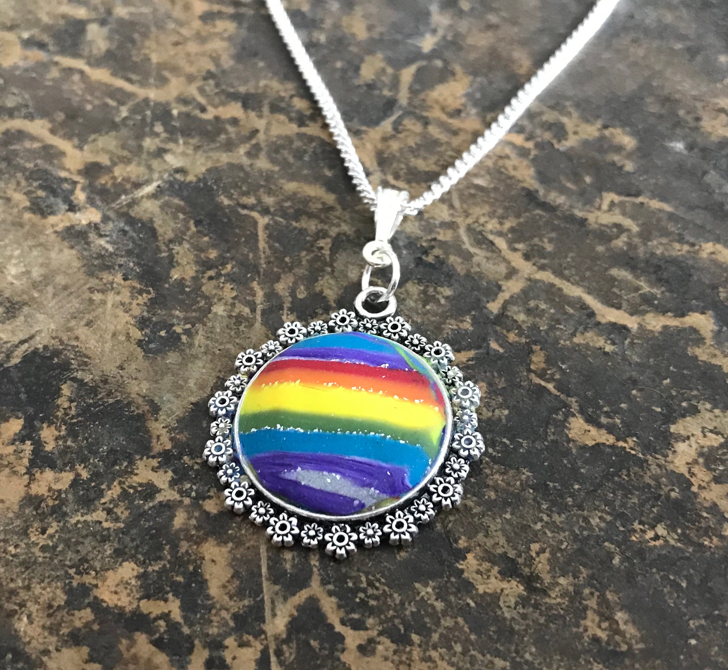LGBTQ Rainbow Swirled Round Flawed Small Pendant With 18” Curb Chain ...
