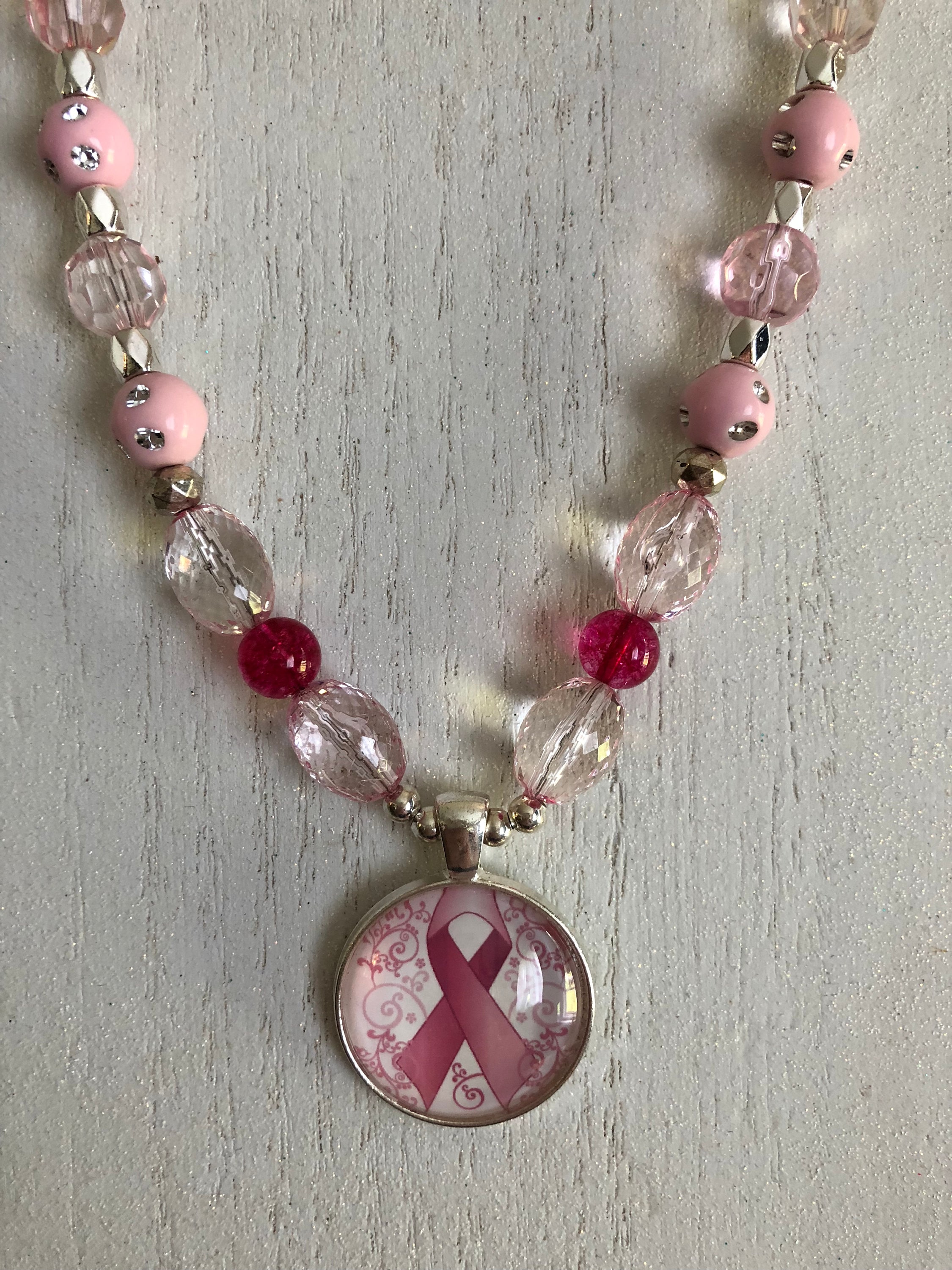 Beaded Breast Cancer Awareness Pink & Silver Necklace With Ribbon Drop ...