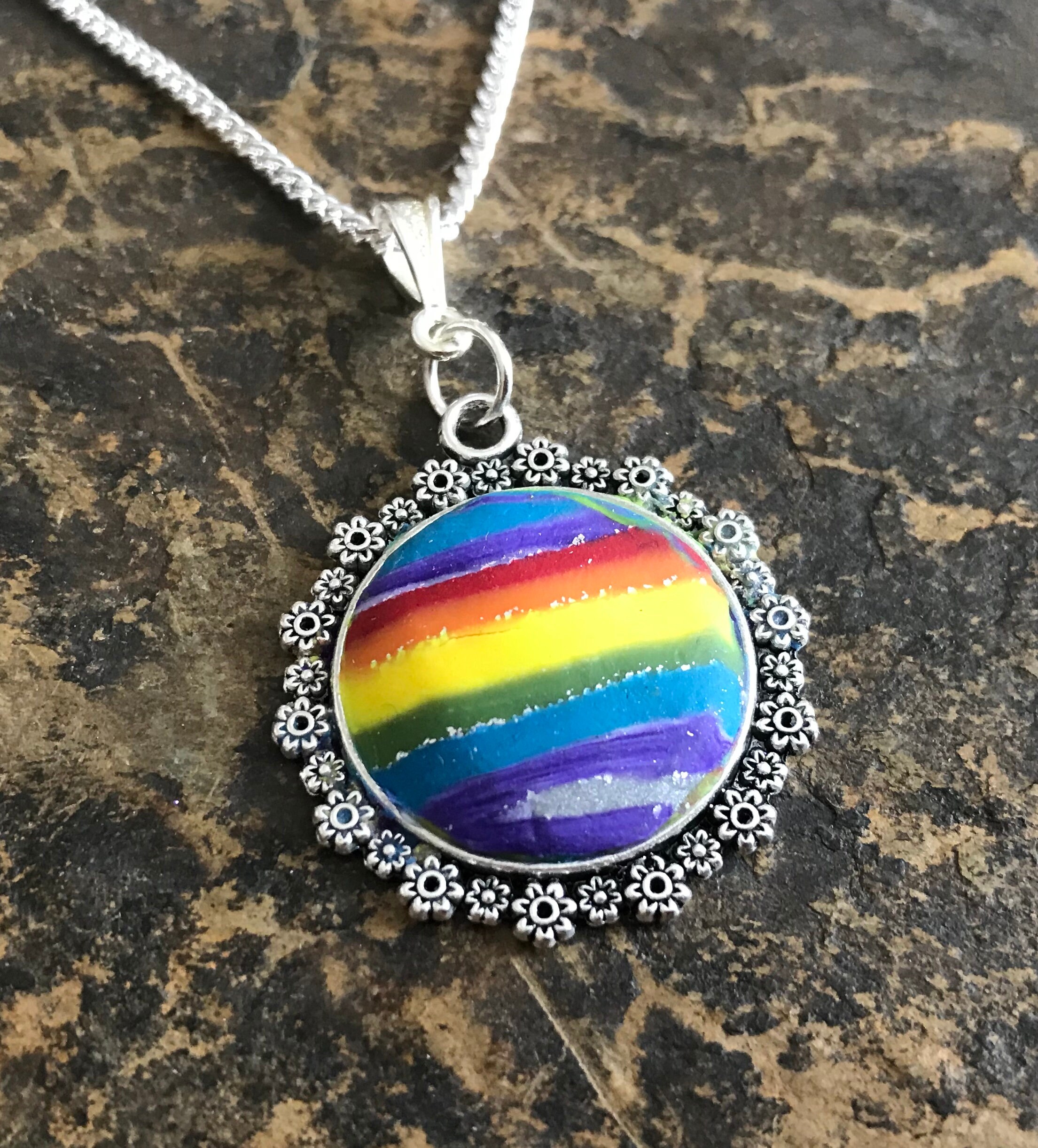 LGBTQ Rainbow Swirled Round Flawed Small Pendant With 18” Curb Chain ...