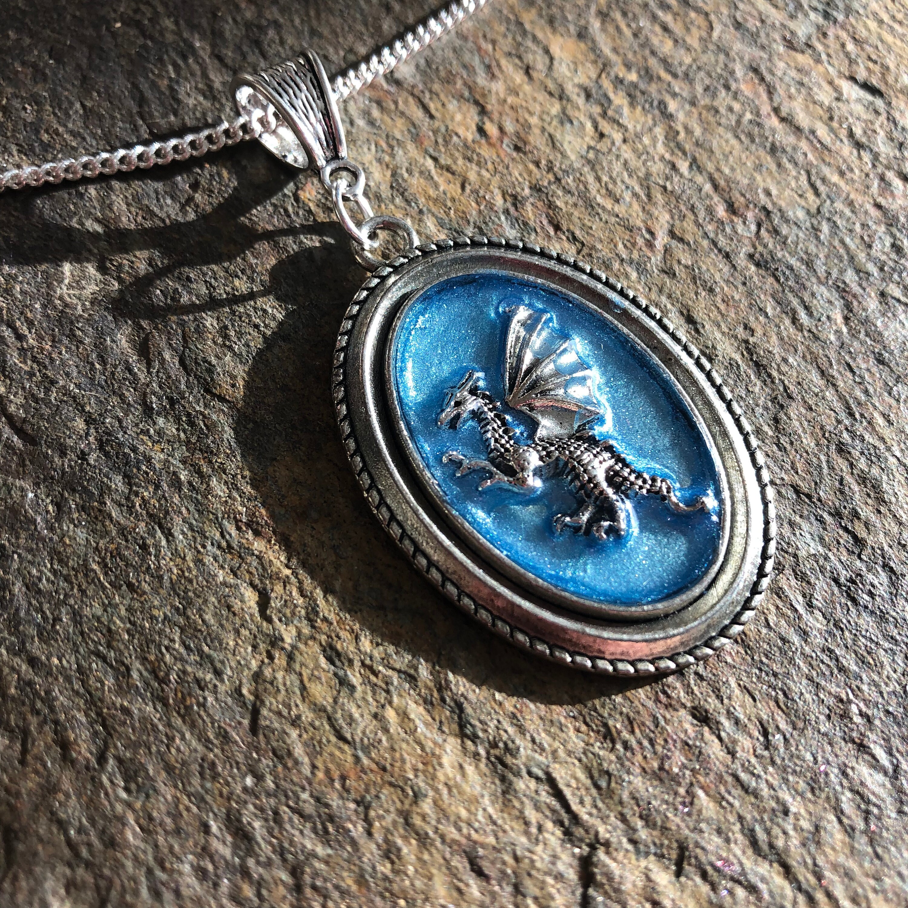 Dragon Oval Drop Blue Pendant on 18” Long Silver Curb Chain Necklace ...