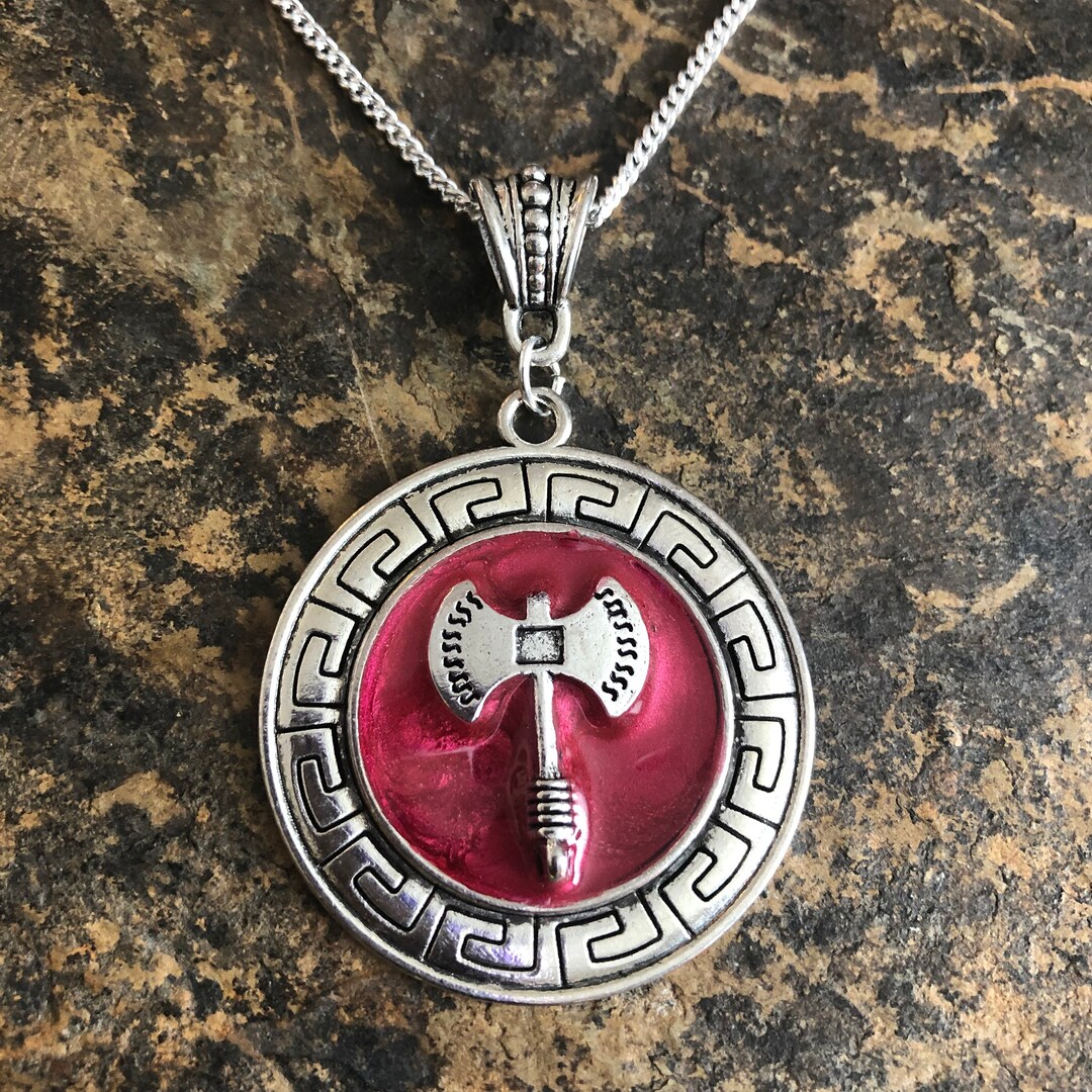 Red Double Axe Labrys Round Enameled Pendant on .925 Sterling Silver ...