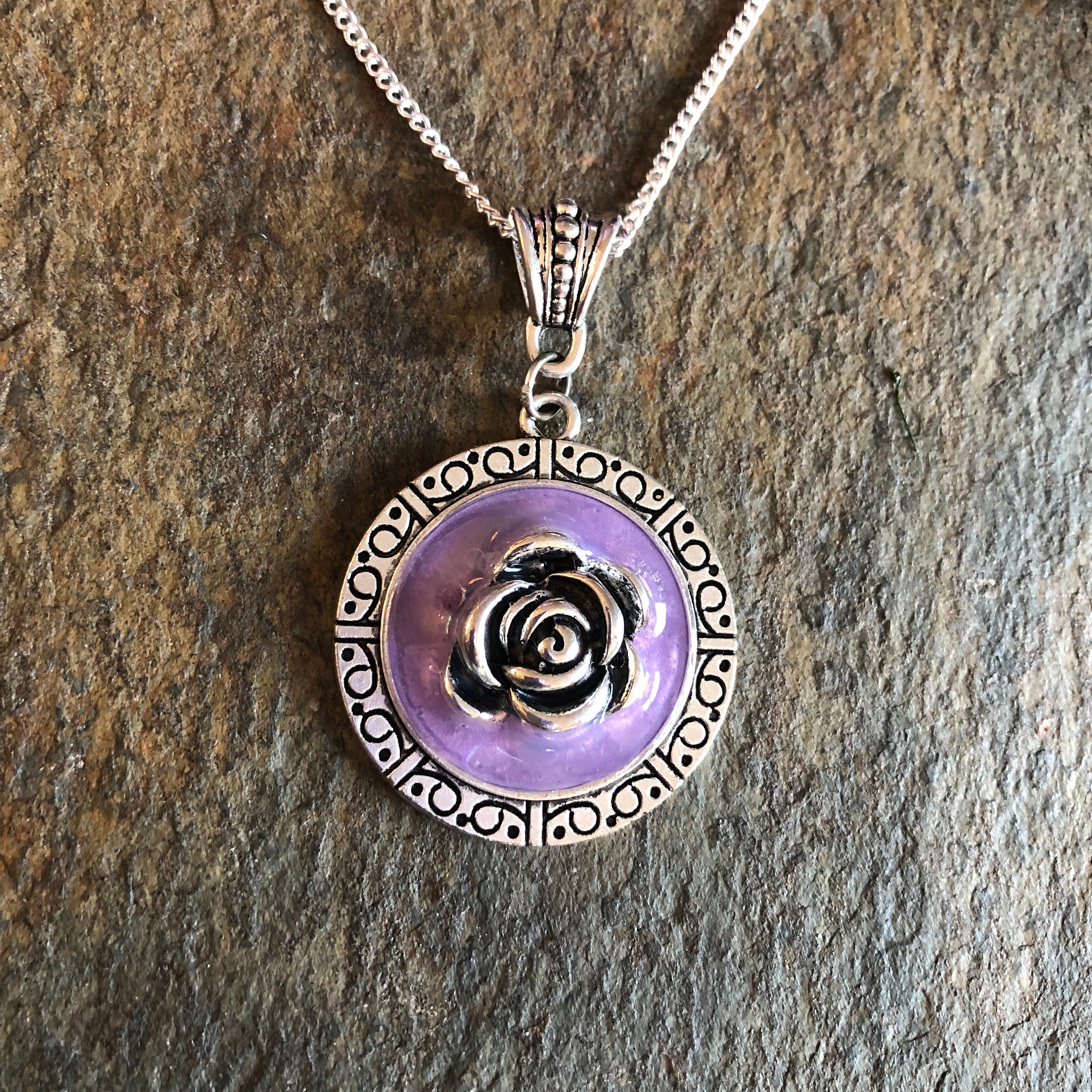 Rose Charm Set In Round Ornate Frame In Lavender Purple Pendant On 20 ...