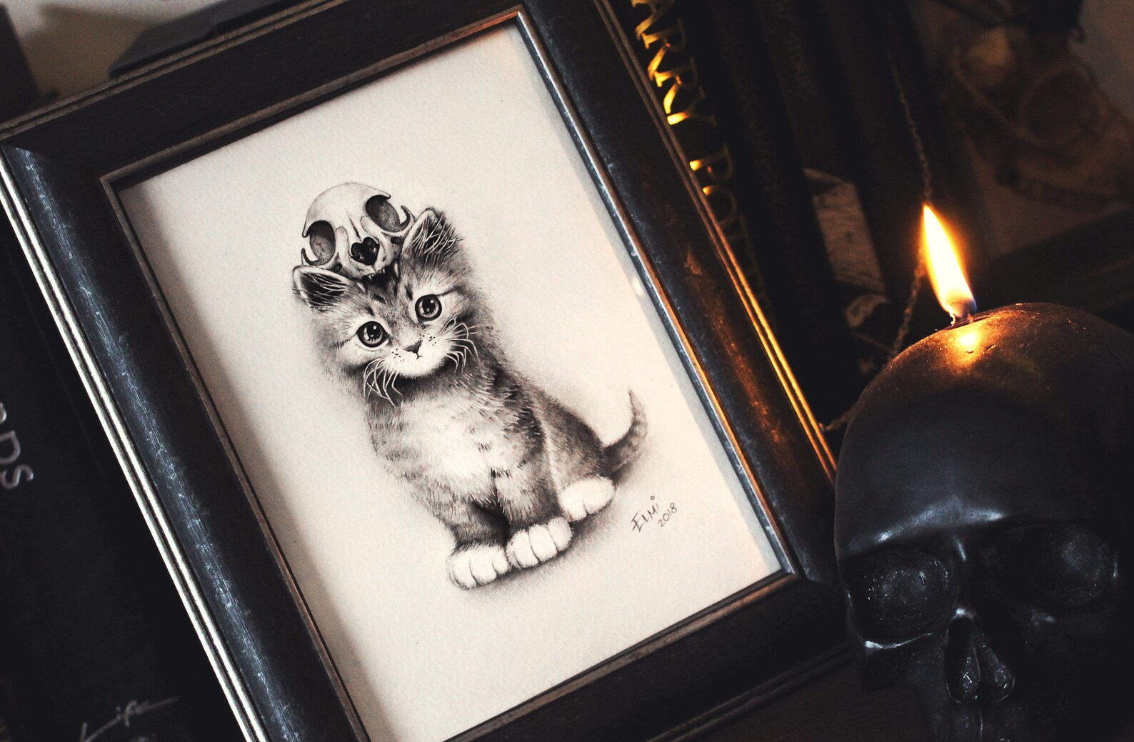 Goth Kitten Cat Skull Miniature Drawing Sketch Illustration - Etsy