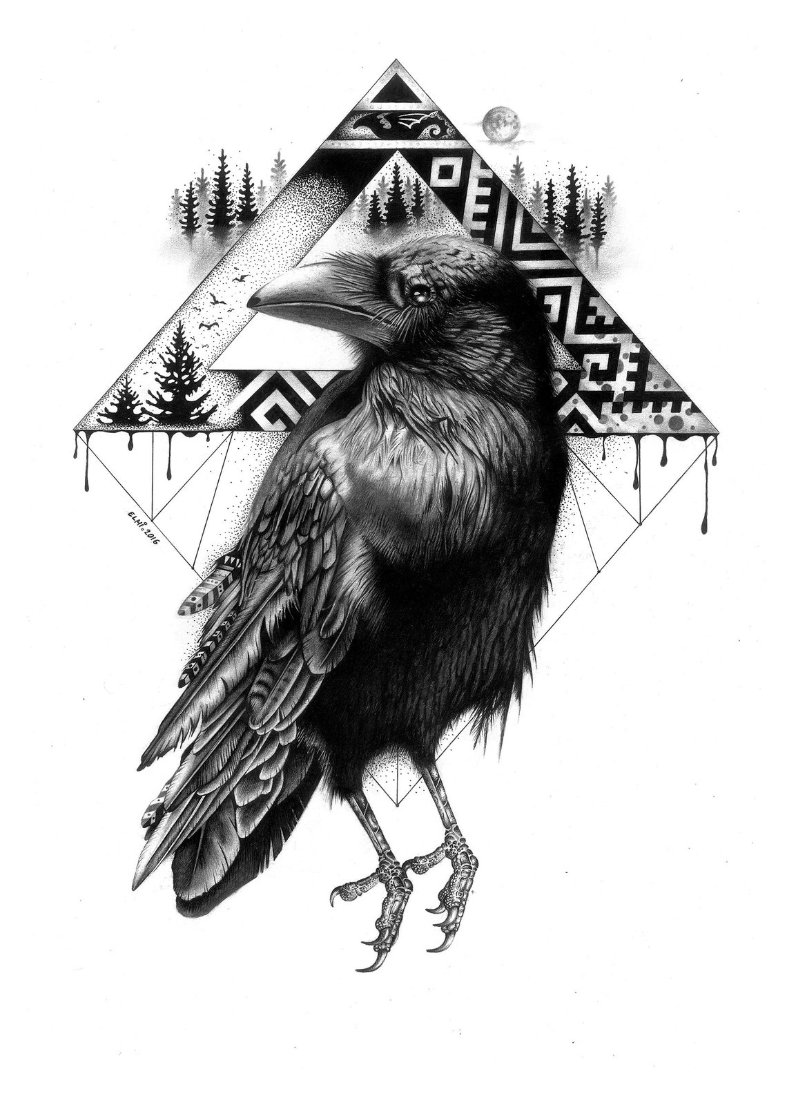 Crow Raven Art Illustration Drawing Graphite Pencil Ink Pen - Etsy