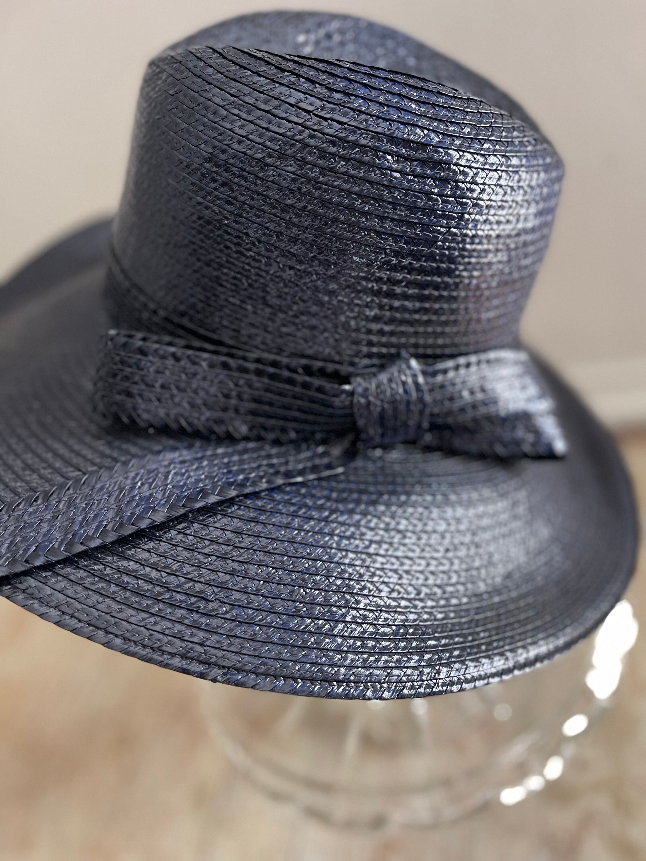 Vintage Frank Olive 1960s Navy Straw Wide Brim Hat Shiny Natural Fiber ...