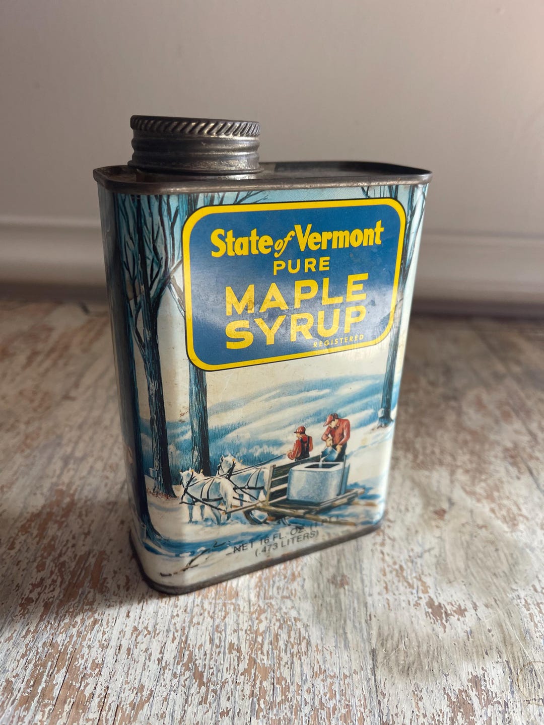 Vintage Vermont Maple Syrup Tin Winter Sleigh Graphic Pint Size | Mid ...