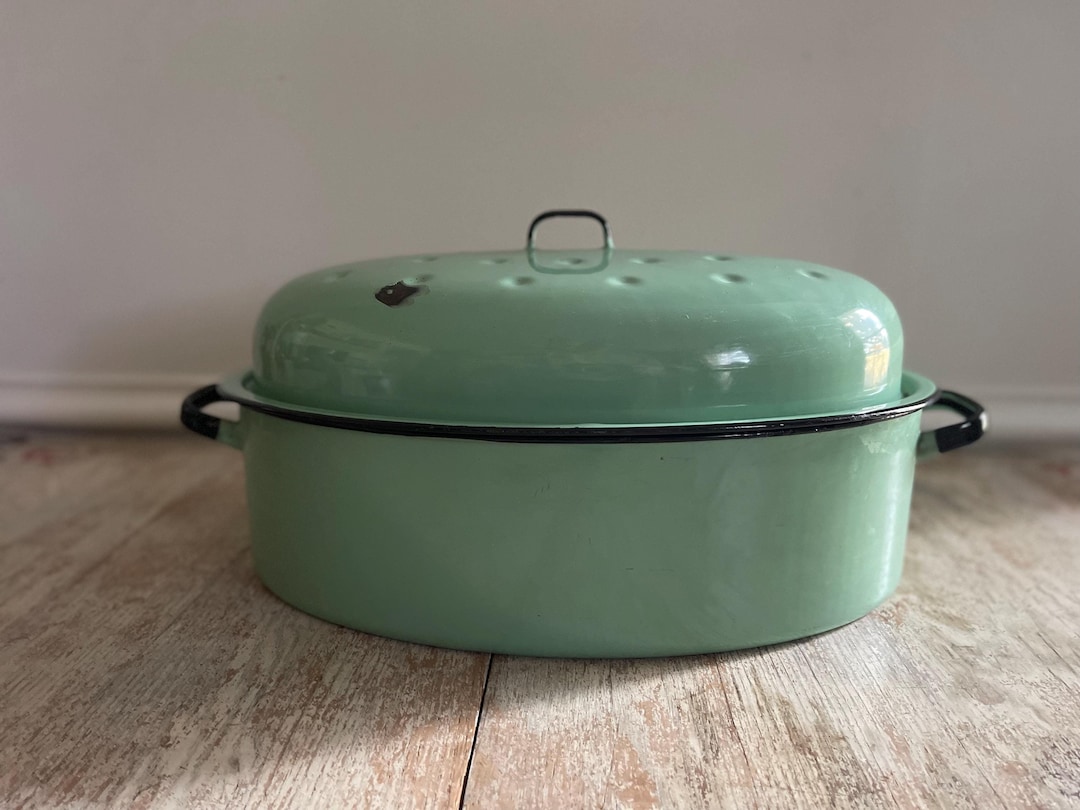 Vintage 1940s Enamel Green Roasting Pan With Rack | Aluminum Coated ...