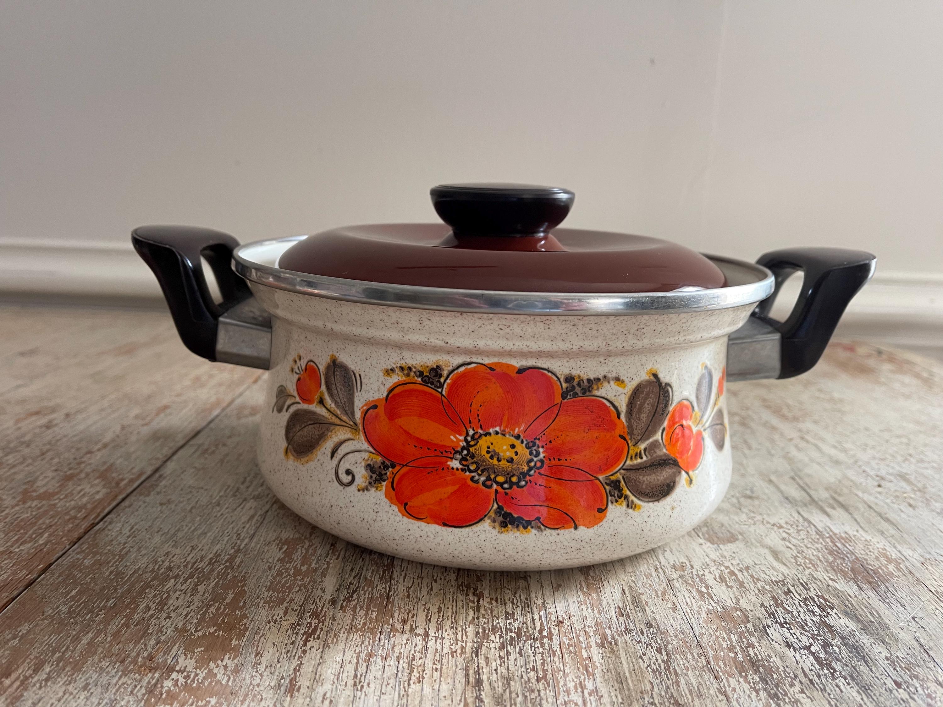 Vintage Sanko Ware Japan Show Pans Set | Orange Floral Porcelain Clad ...