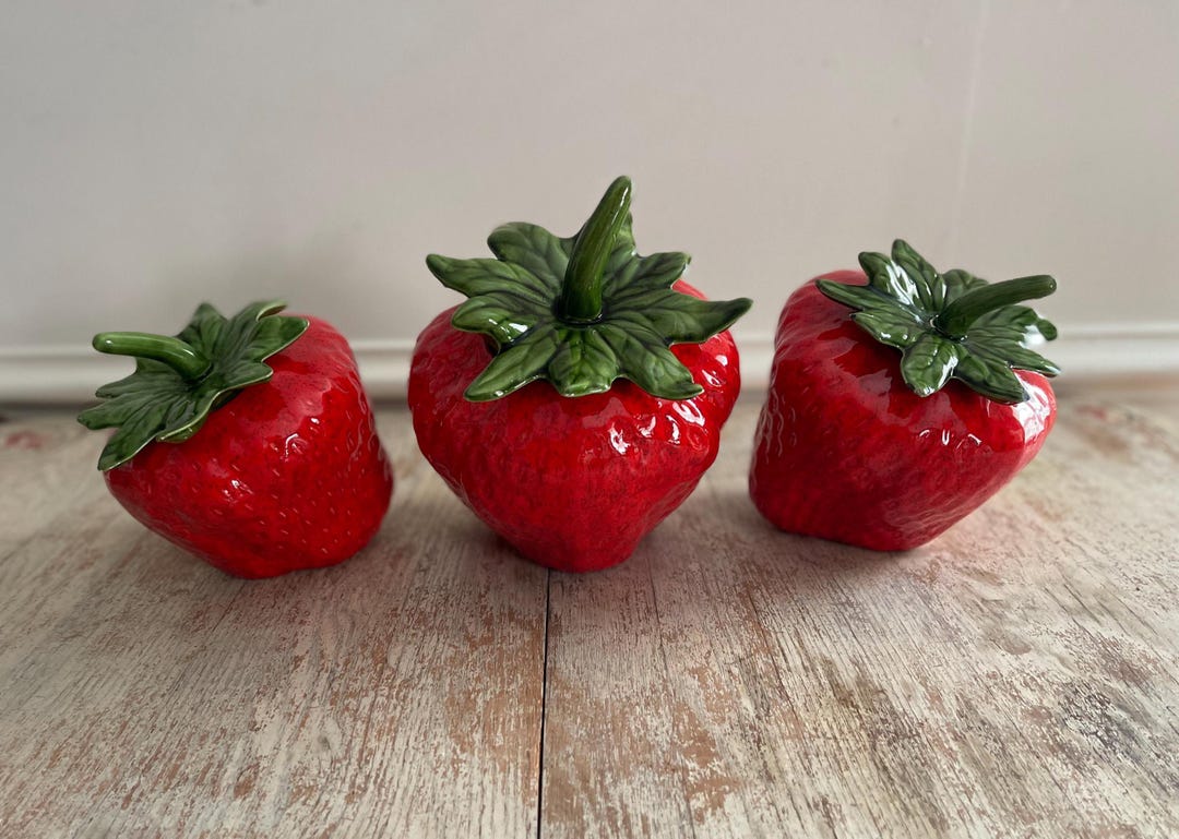 Vintage Ceramic Strawberry Canister Set of 3 | Tilted Red Berry W/stem ...