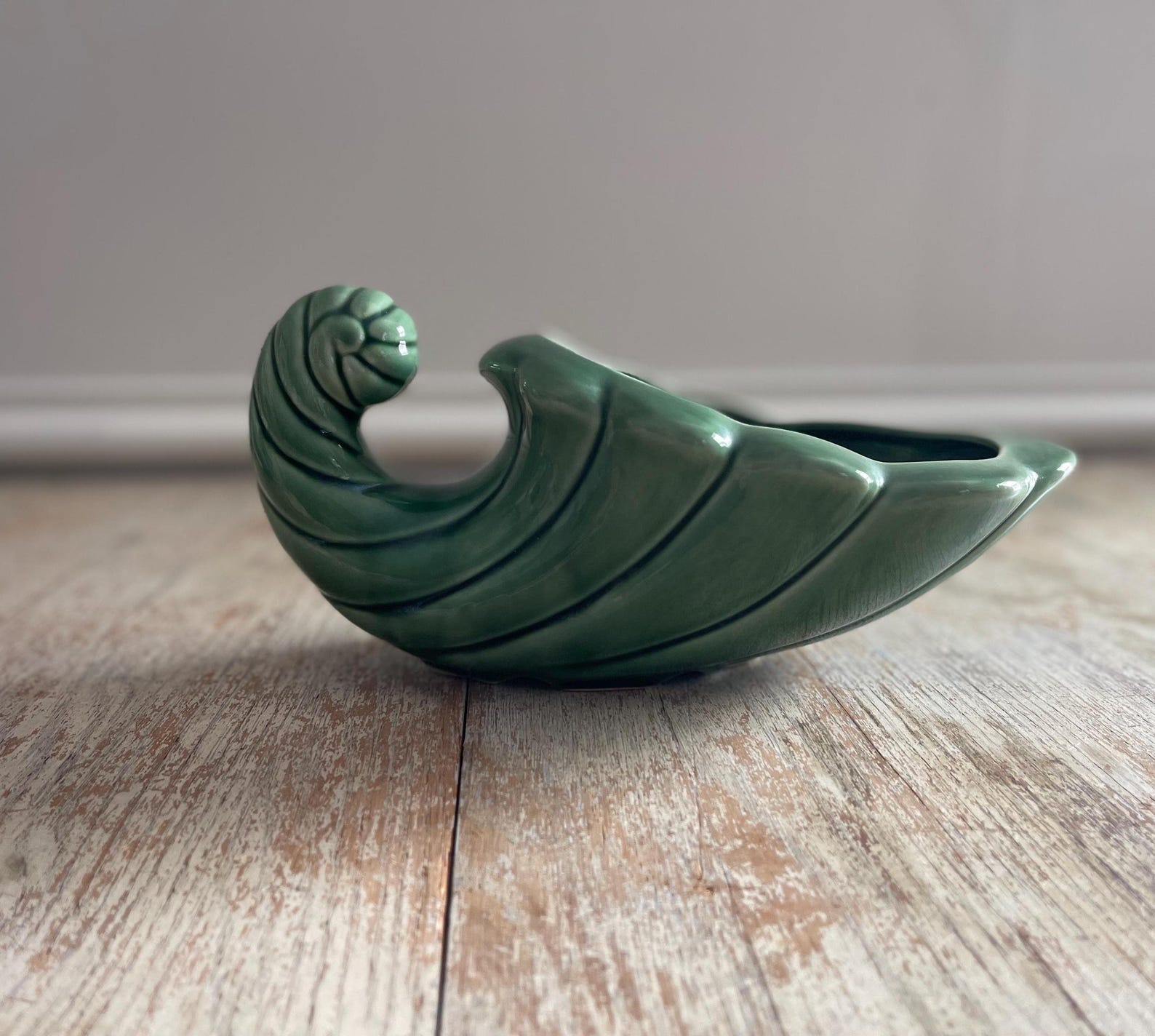 Vintage Pottery Green Cornucopia Planter | Mid Century Fall Ceramic ...