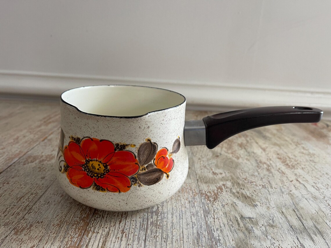 Vintage Sanko Ware Japan Show Pans Set | Orange Floral Porcelain Clad ...