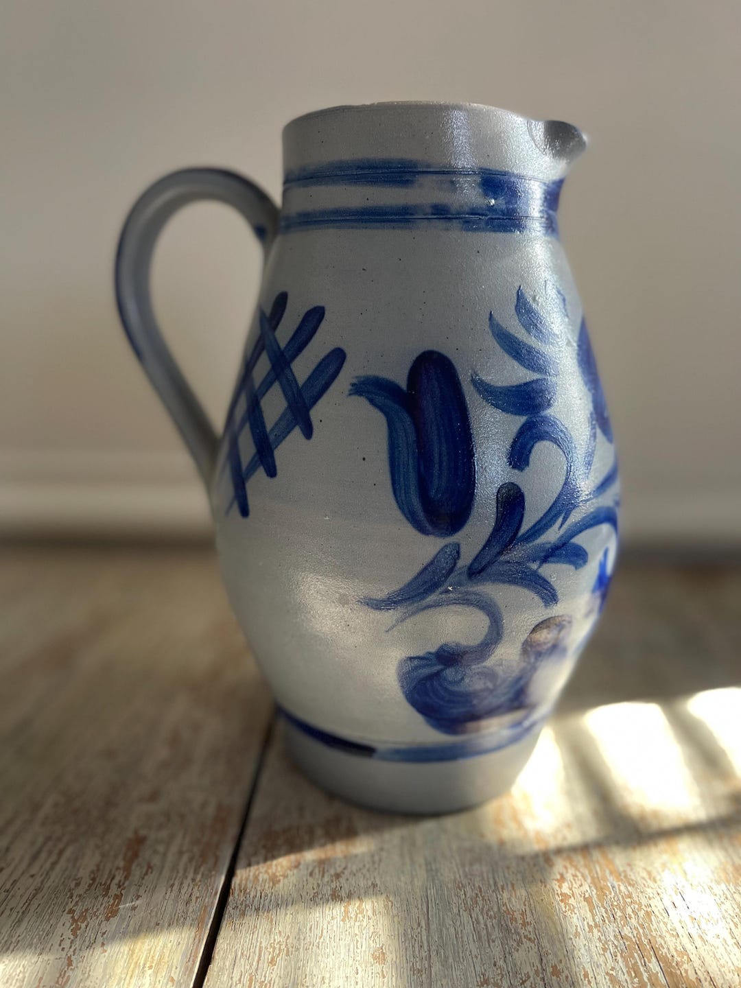 Vintage Belgian Salt Glaze Blue Stoneware Pitcher | 2 Liter Tulip ...