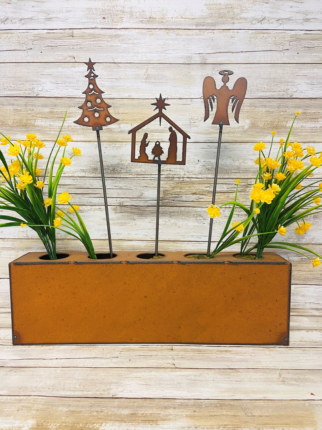 Angel, Nativity Scene and Christmas Tree Rusty Metal Plant Sticks Made ...