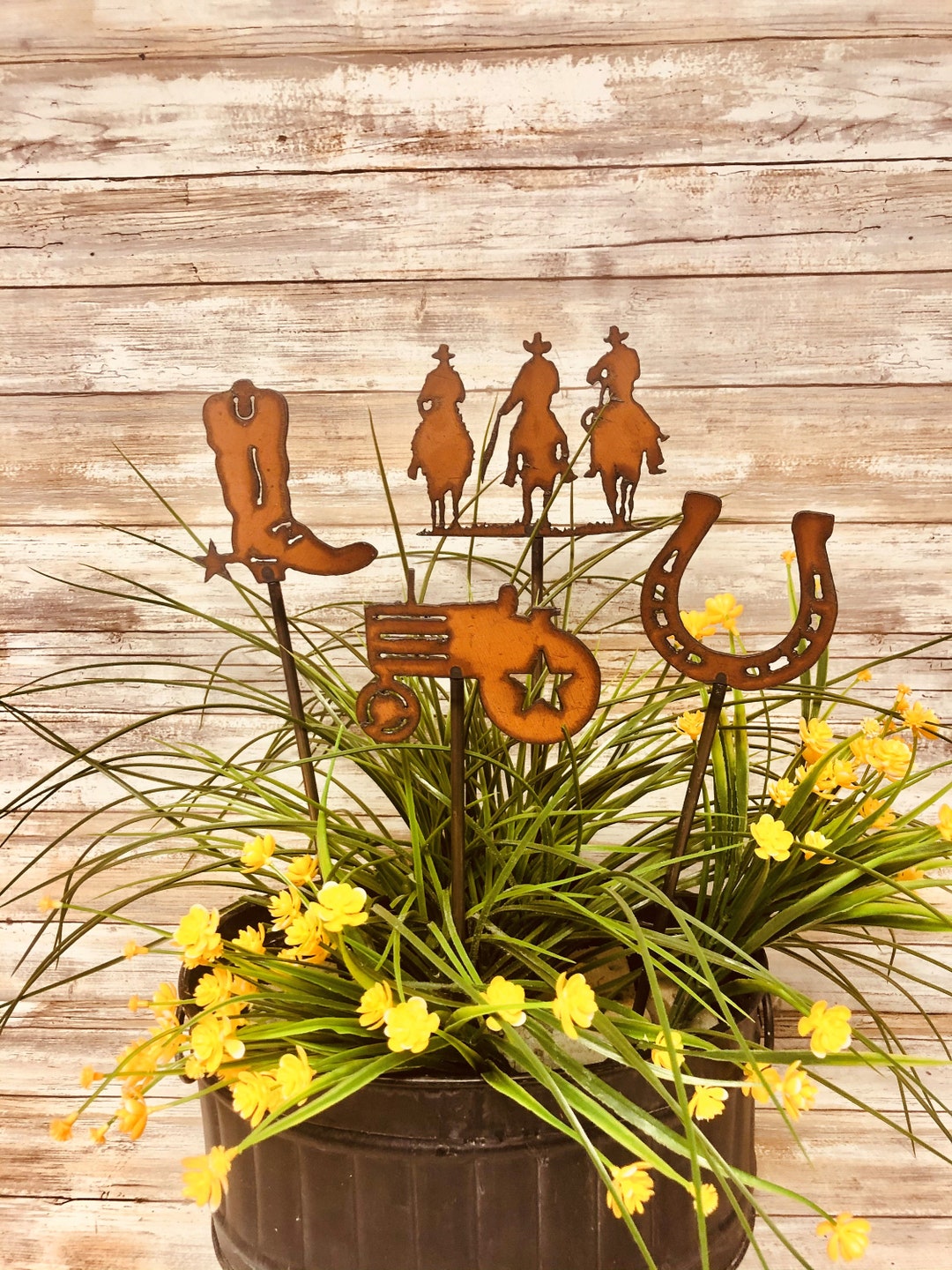 Boot Tractor Horseshoe Outlaws Western Garden Plant Stakes - Etsy