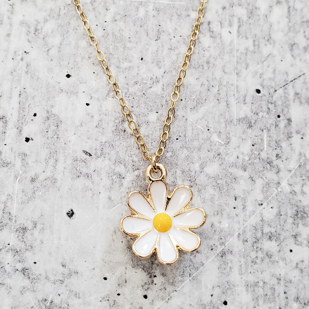 Gold Enamel Daisy Necklace: Dainty Flower Charm Pendant - Etsy
