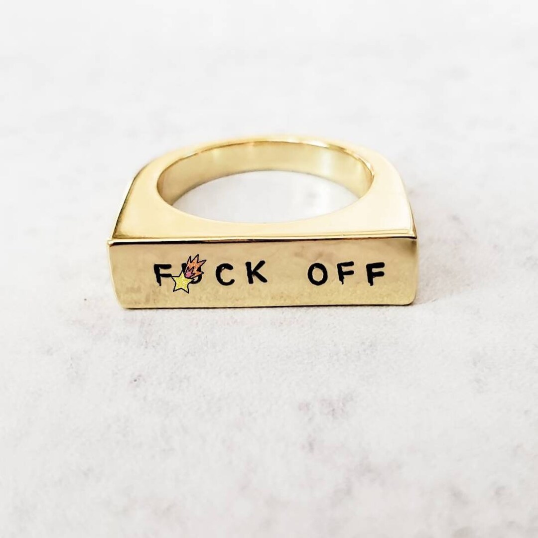 FCK OFF Ring Middle Finger Gold Plated Flat Top Ring Custom Silver Name ...
