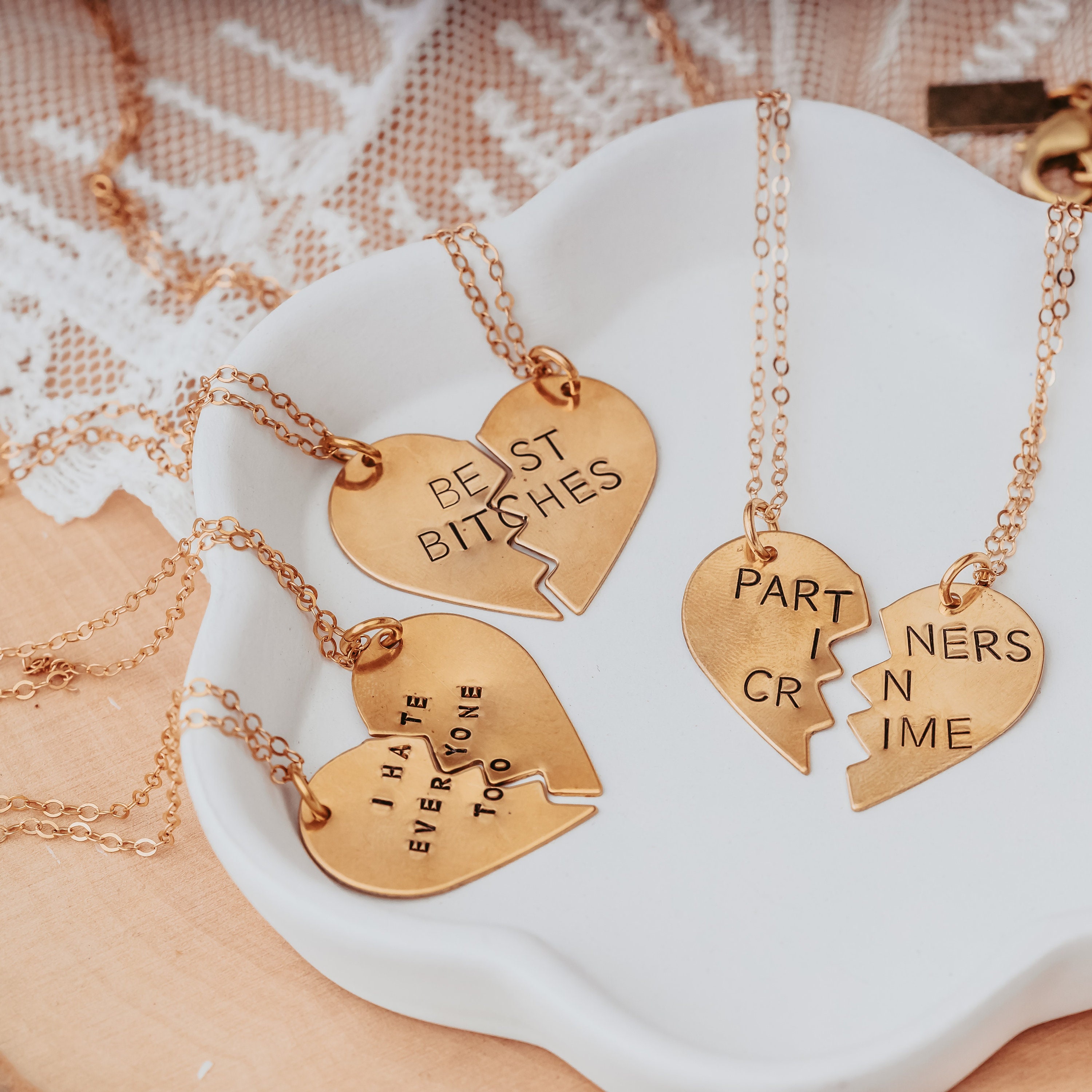 Partners in Crime Broken Heart Necklaces Cute Friendship Jewelry for 2 Friendversary Birthday Gift Pair Accessories for Best Friends