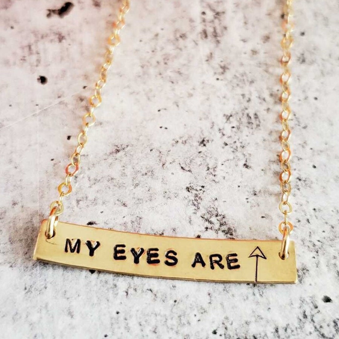 Hand Stamped Feminist Necklace: Gold Bar, 'my Eyes Are up Here' - Etsy