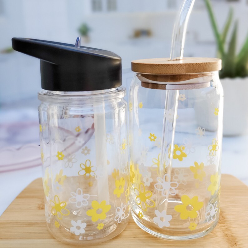 Daisy Glass Can Cup: Spring Floral Iced Coffee Glass With Lid & Straw ...