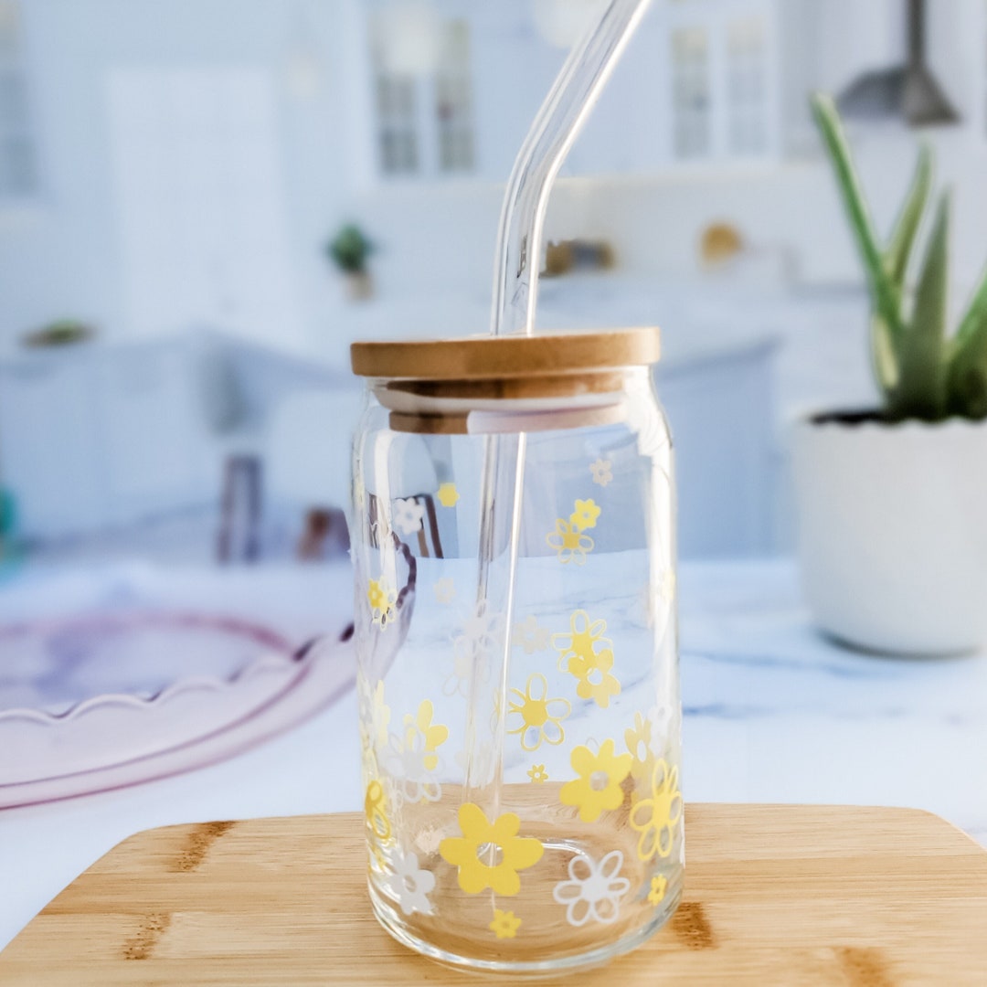 Daisy Glass Can Cup: Spring Floral Iced Coffee Glass With Lid & Straw ...