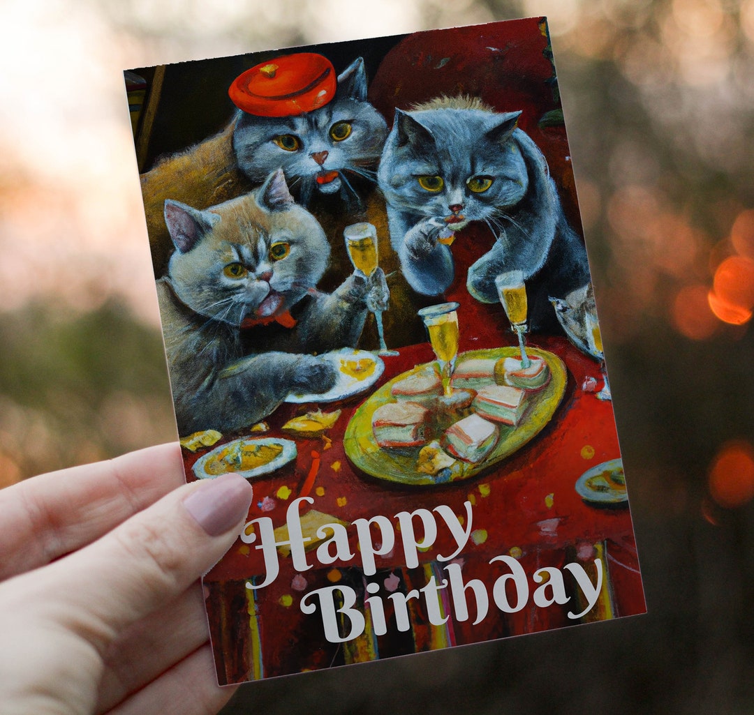 Happy Birthday Card | 3 Fat Party Cats Painting | Quirky Greeting Card ...