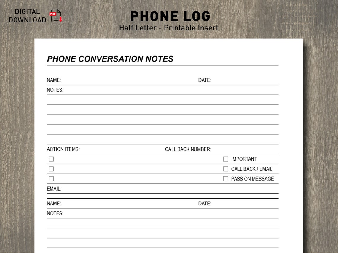 Printable Phone Conversation Log Call Tracker Printable Insert Half ...