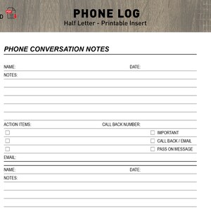 Printable Phone Conversation Log Call Tracker Printable Insert Half ...