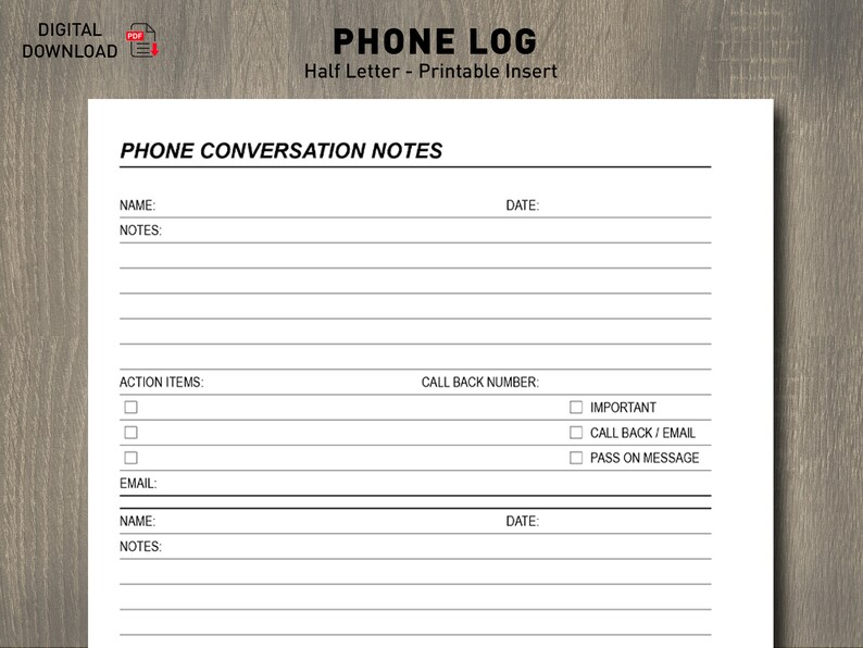 Printable Phone Conversation Log Call Tracker Printable Insert Half ...