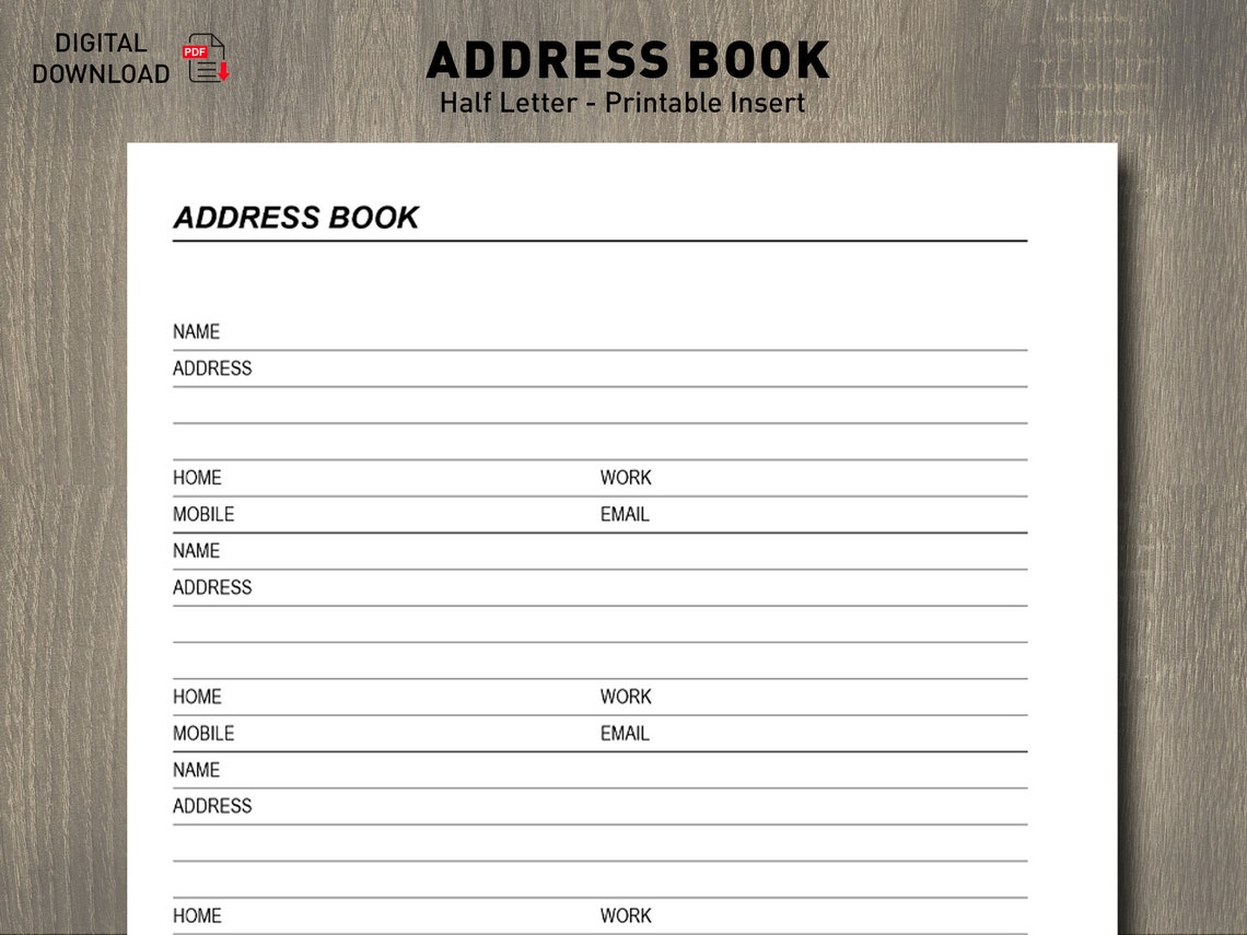 Printable Address Book Contact Organizer Printable Contact Insert Half ...