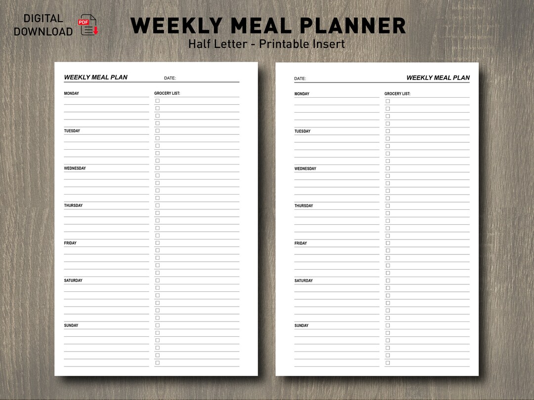 Weekly Meal Planner & Grocery List Printable Meal Plan Insert Half ...