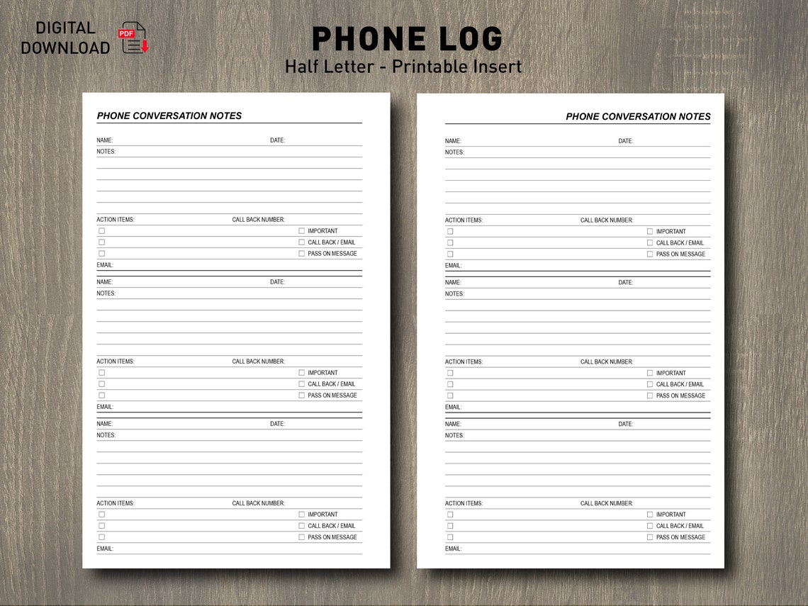 Printable Phone Conversation Log Call Tracker Printable Insert Half ...