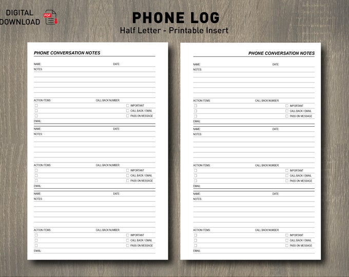 Printable Phone Conversation Log Call Tracker Printable Insert Half ...