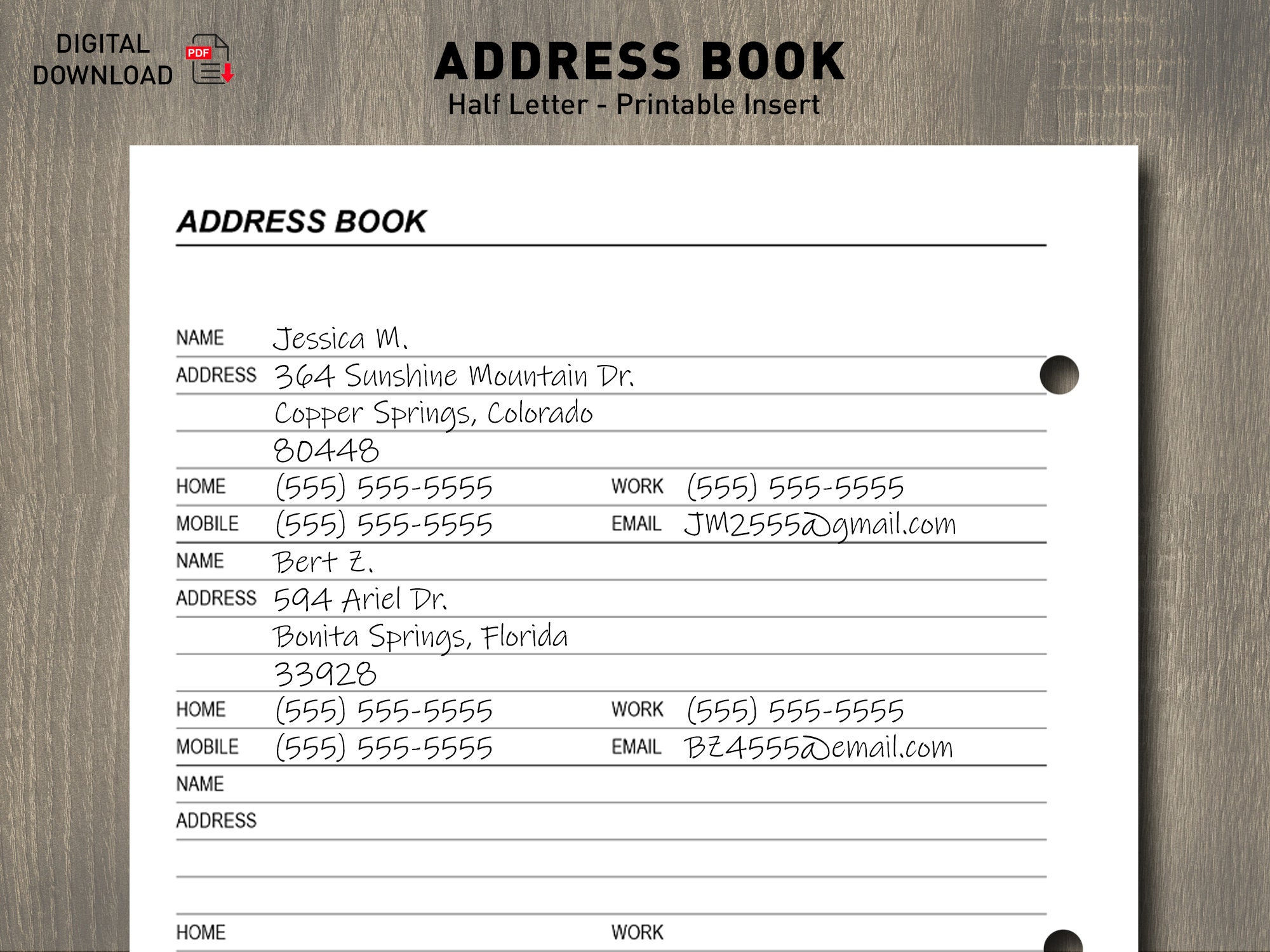 Printable Address Book Contact Organizer Printable Contact Insert Half ...