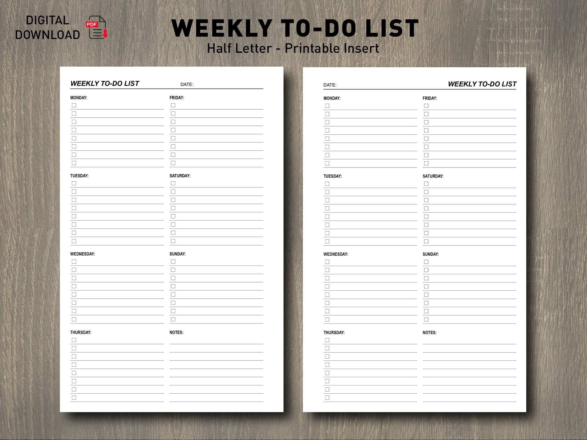 Weekly To-do List | Printable Password Insert | Half-letter | - Etsy