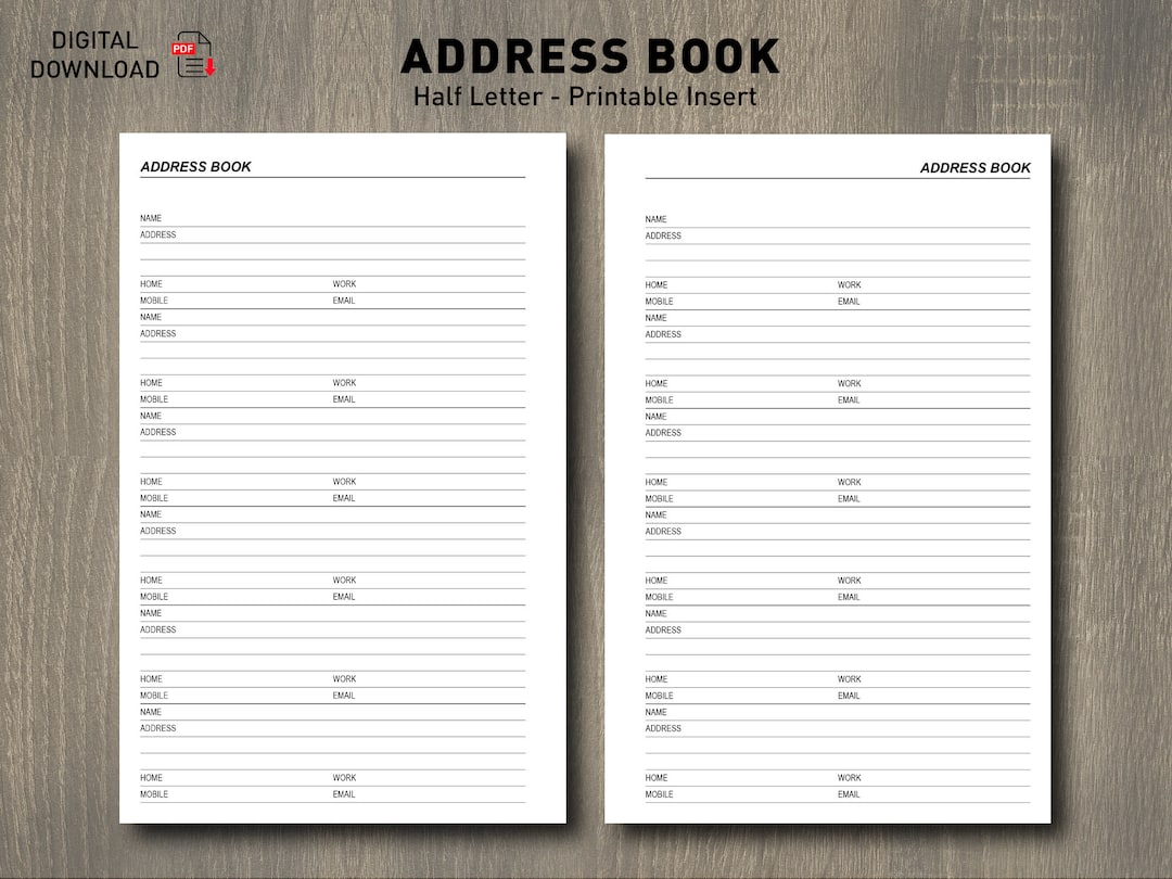 Printable Address Book Contact Organizer Printable Contact Insert Half ...