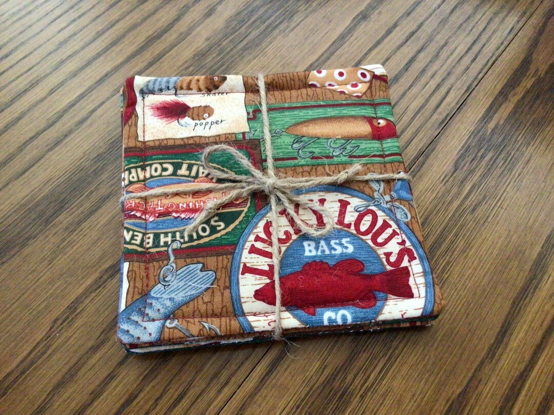 Set of 4 Quilted Summer Coasters, Coffee, Drink Coasters, Fishing Theme ...